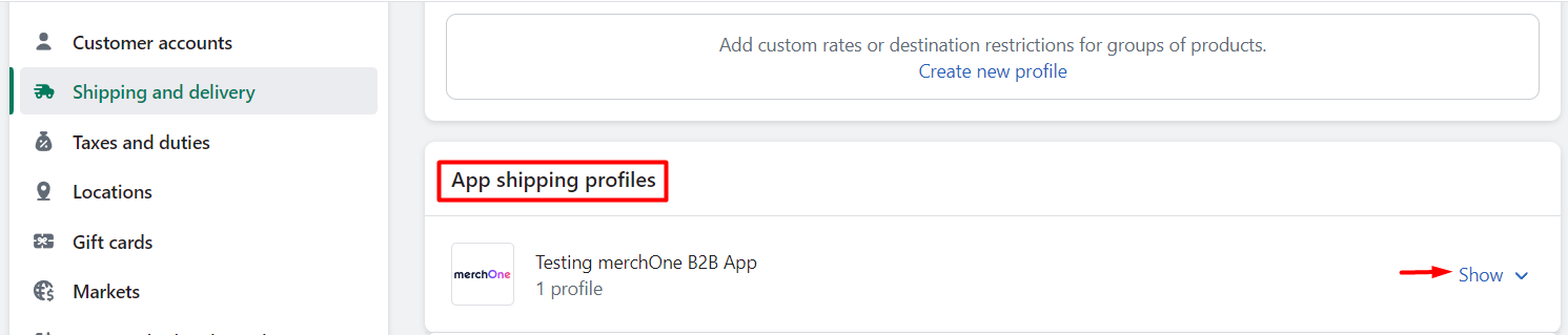 Shopify shipping profile settings